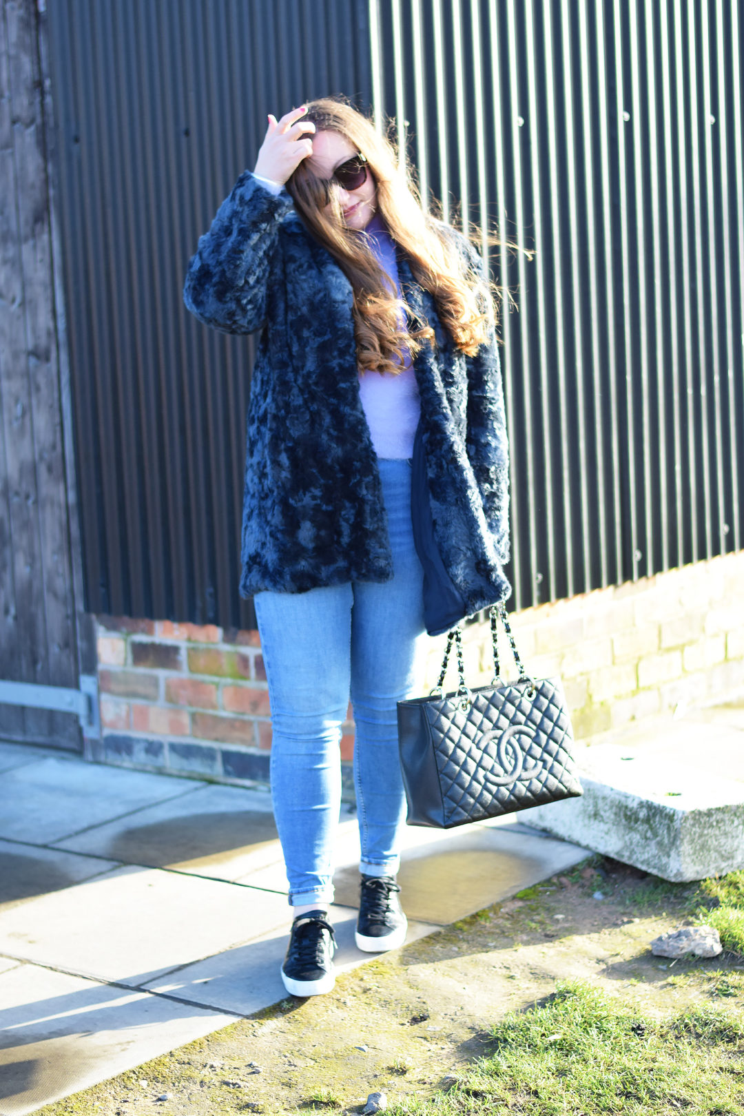Navy Faux Fur Coat Outfit Jacquardflower